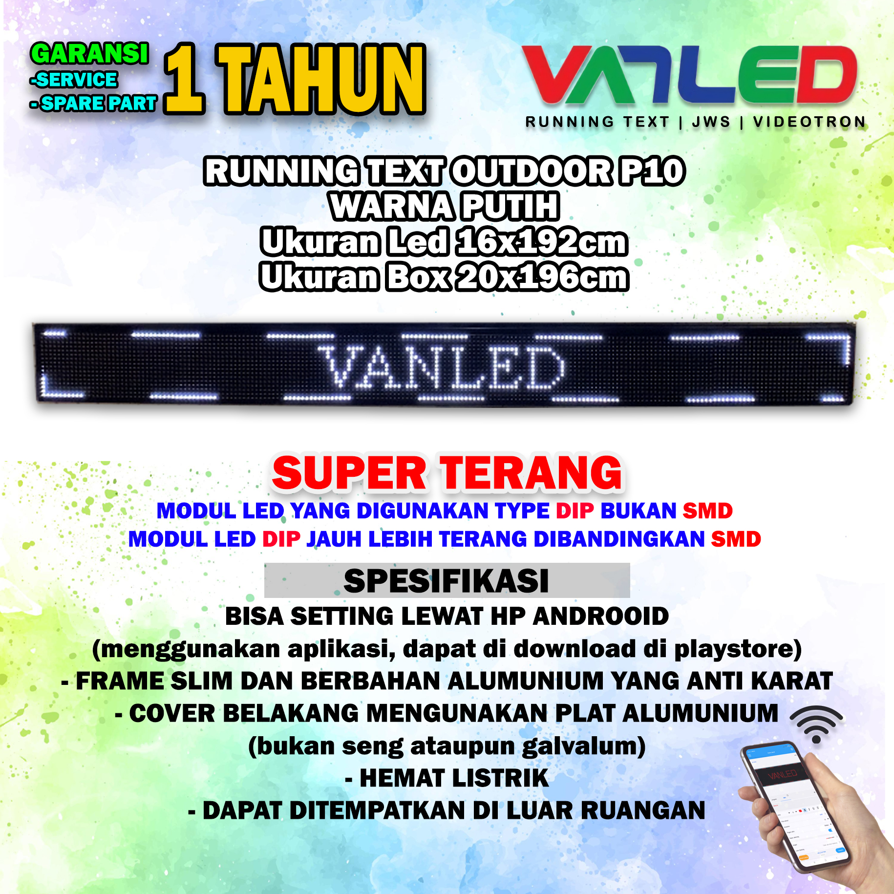 LED RUNNING TEXT OUTDOOR P10 WARNA PUTIH UKURAN 20X196cm | VANLED.NET